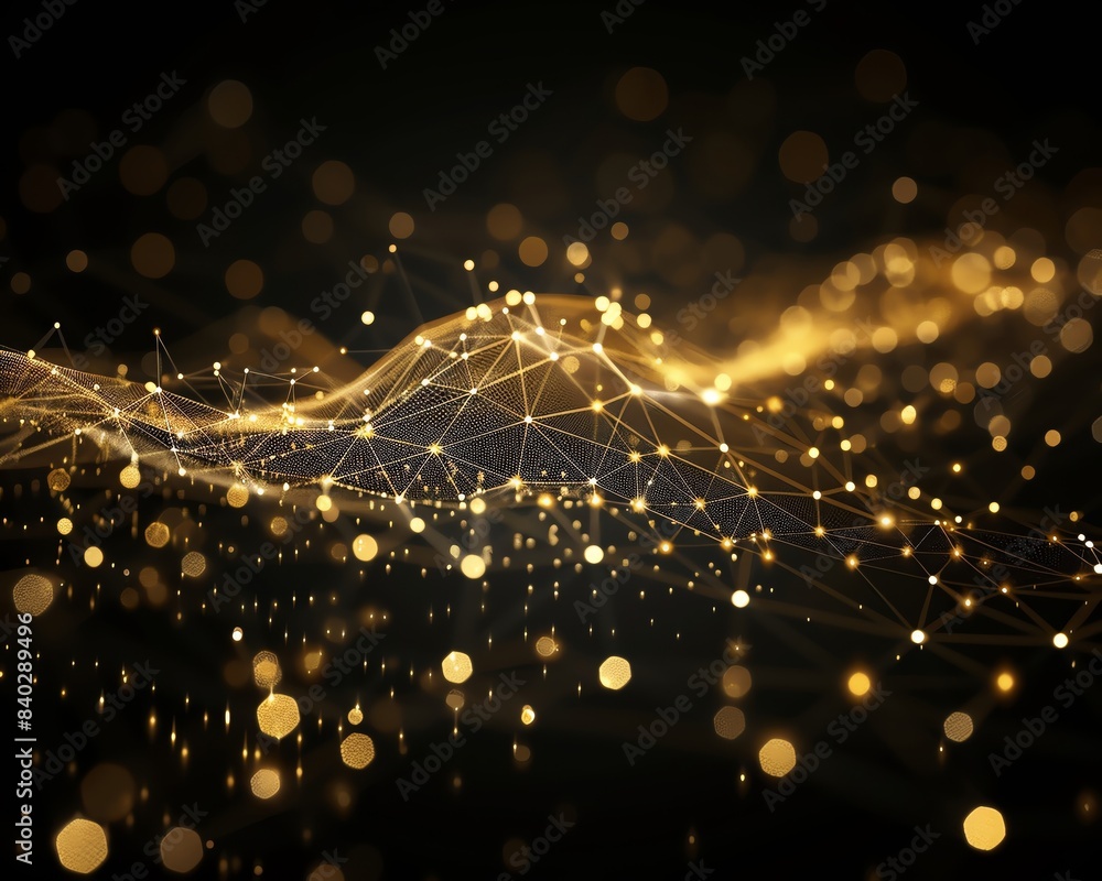 Network of glowing gold tech nodes and digital connections, dark ...