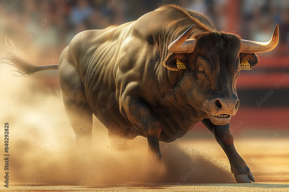 bull in the desert, A powerful bull with massive, sharp horns charging ...