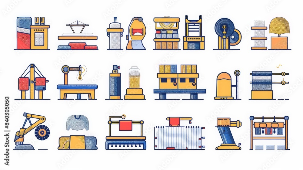 Colorful icons depicting various stages of textile manufacturing, from ...