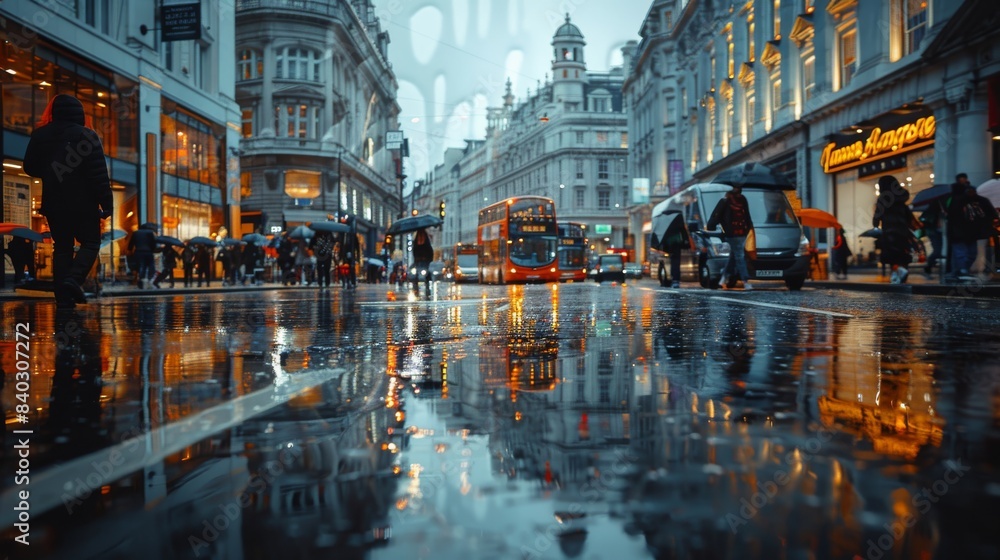 elegant city with people rushing around on a rainy day, Hyper realistic ...