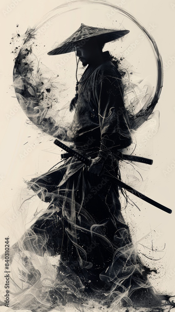 line art anime,two Full body of a samurai as black and white drawing ...