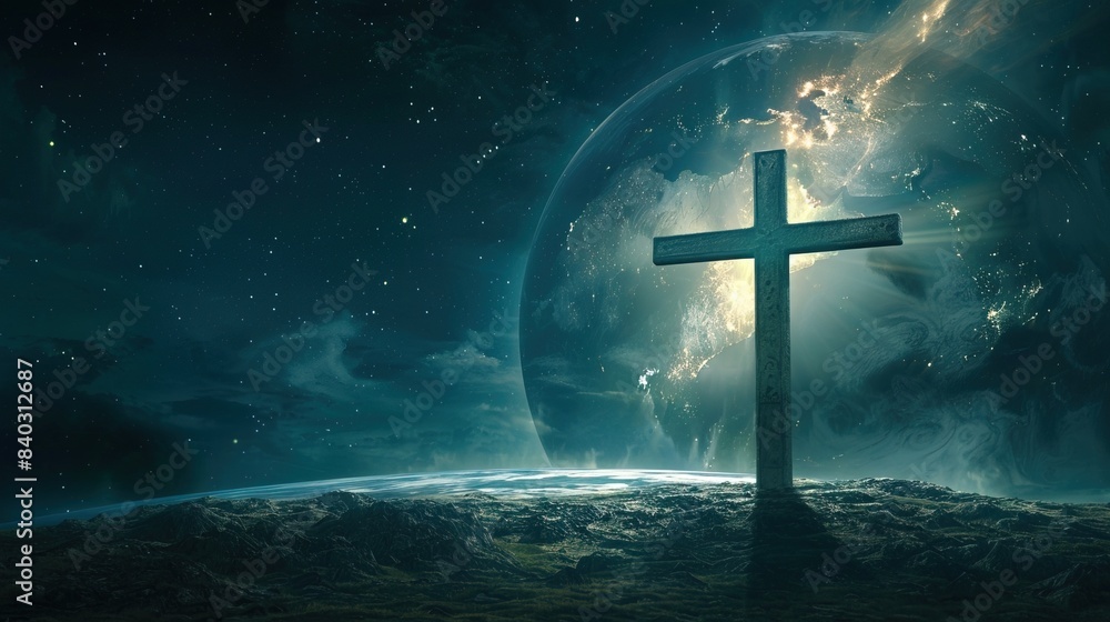 Conceptual image with christian cross and earth globe Stock ...