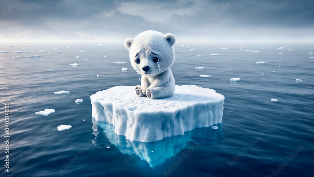 Crying polar bear sits on melting iceberg in vast ocean, highlighting ...