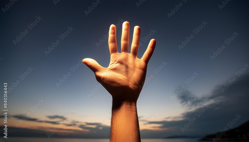 A single hand raised against a glowing backdrop, fingers outstretched ...