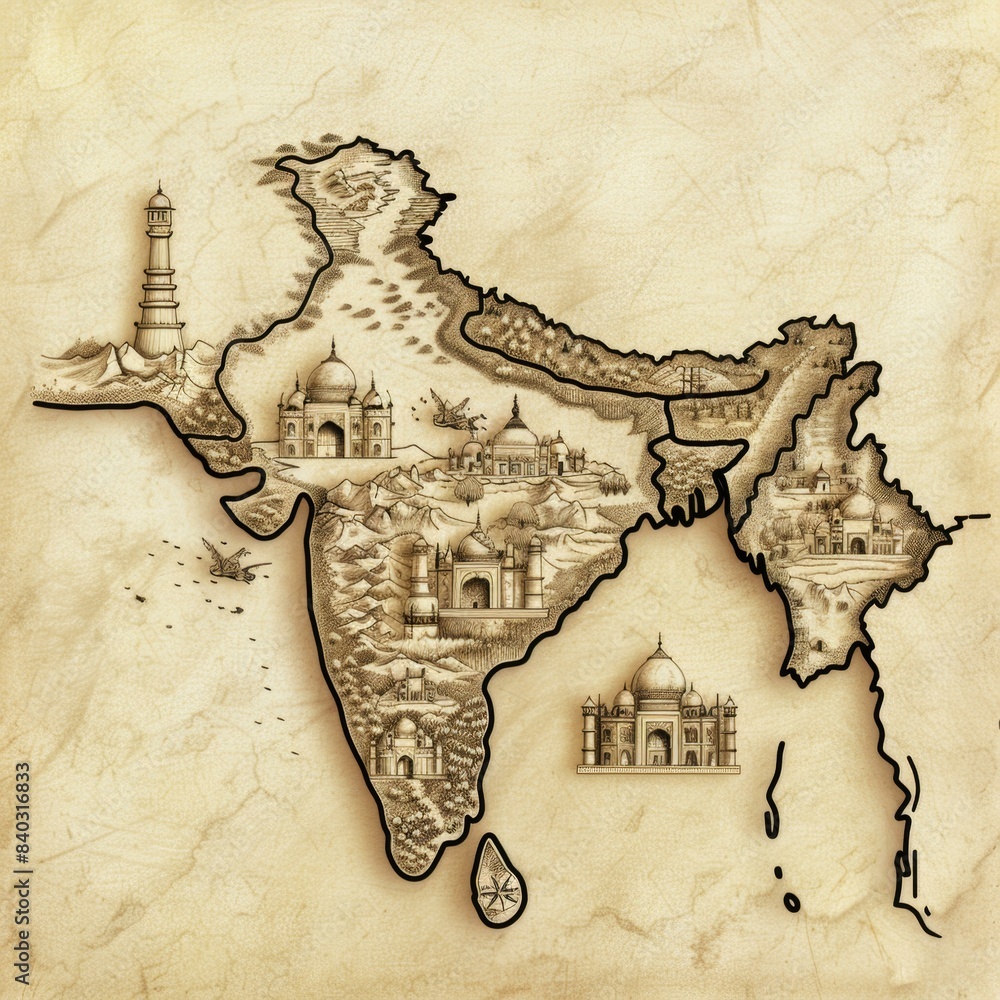 Illustrated Map of India with Famous Landmarks Stock Illustration ...