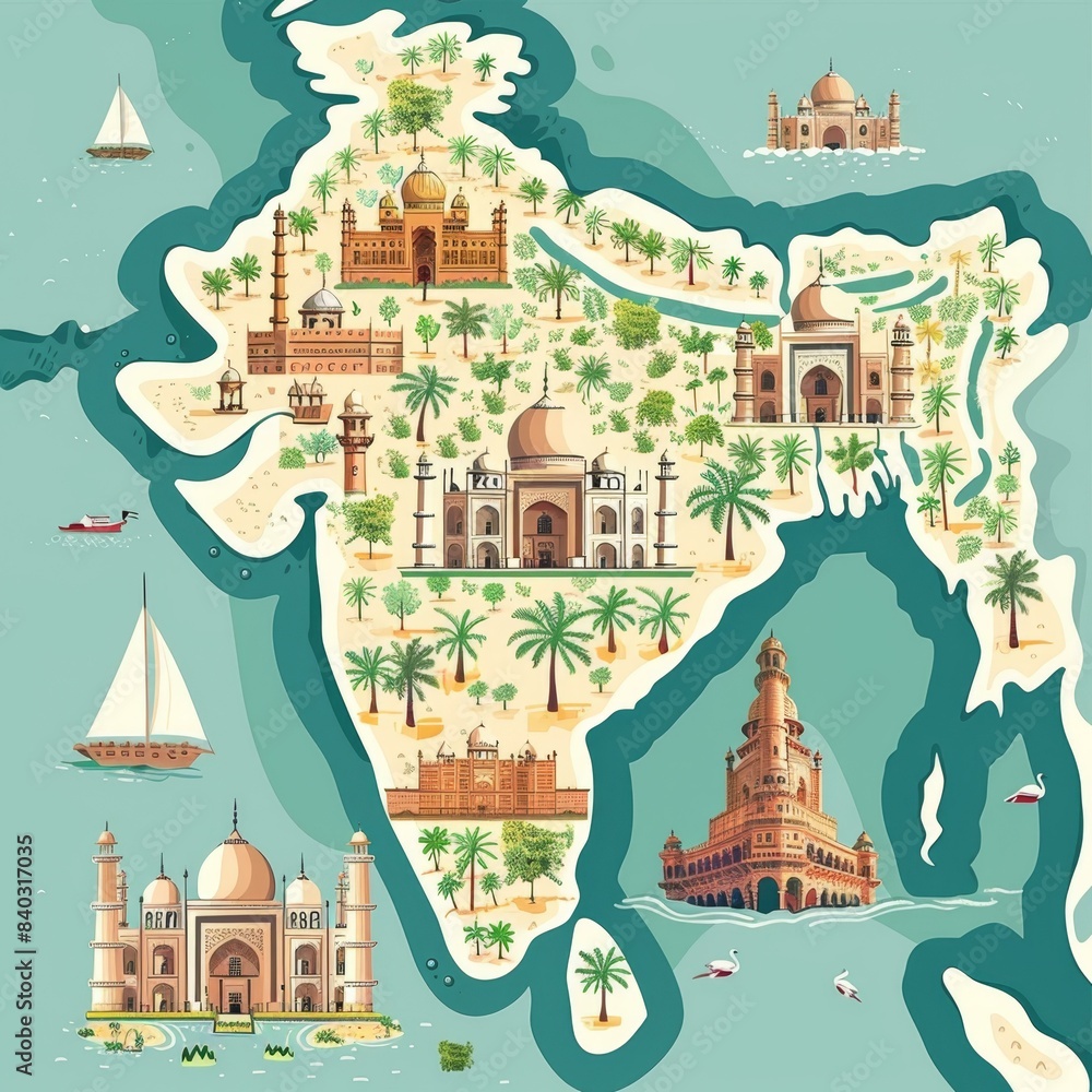 Illustrated Map of India's Most Famous Landmarks Stock Illustration ...