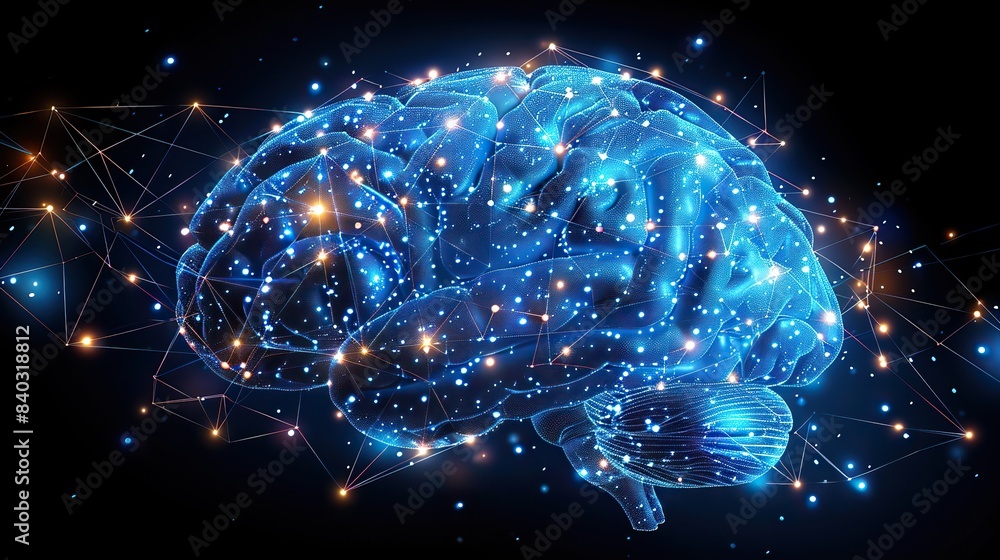 a blue abstract brain with a wireframe light connection structure brain ...