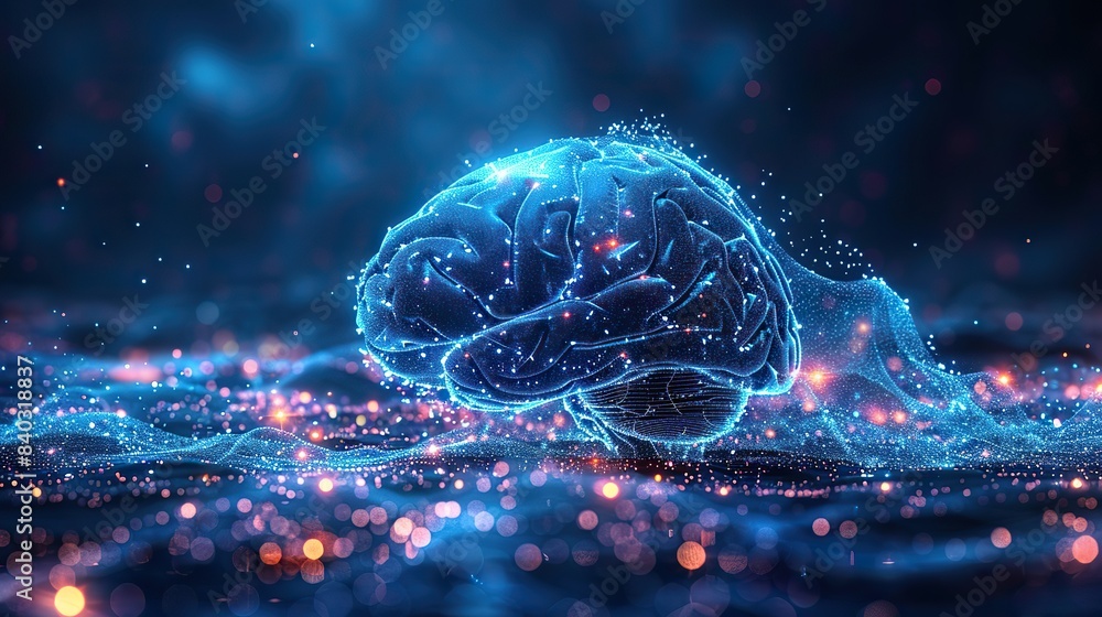 a blue abstract brain with a wireframe light connection structure brain ...