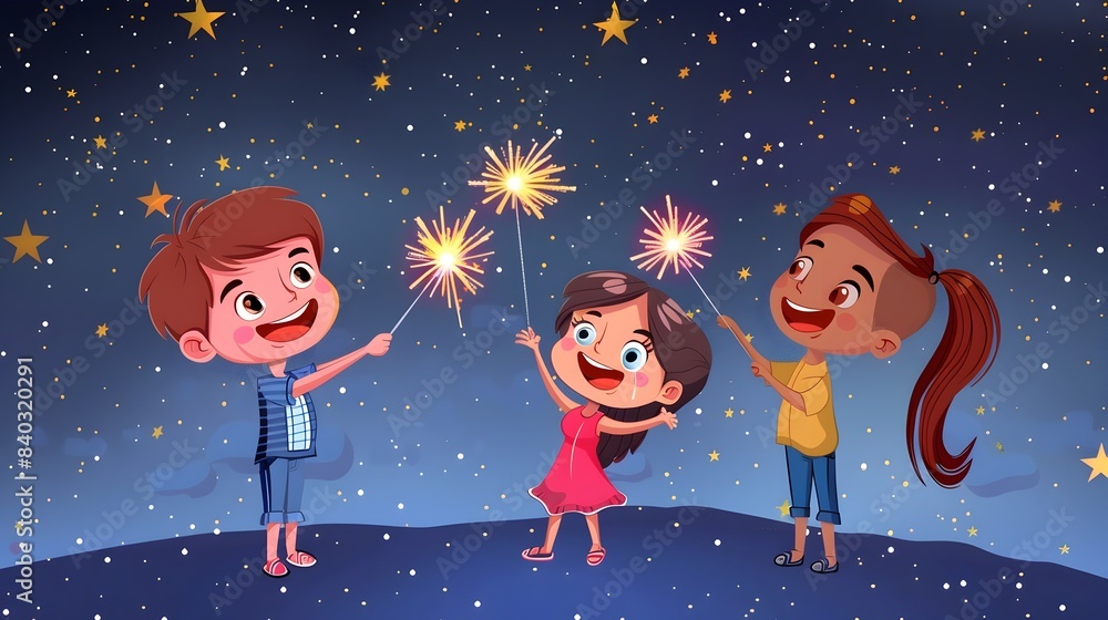Cute cartoon kids playing with sparklers under the starry night sky ...