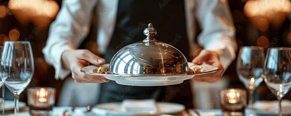 Elegant waiter serving a gourmet meal under a cloche at a fine dining ...