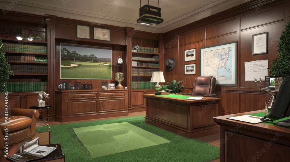 Champion's Retreat Golfer's Home Office with Trophy Collection Putting ...