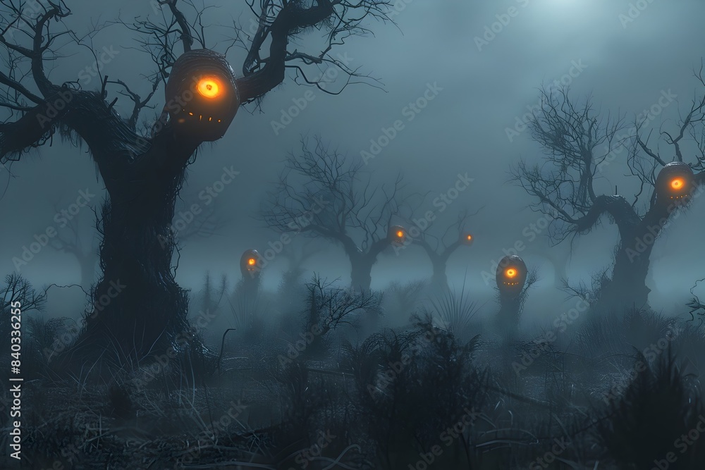 Haunting Fog-Shrouded Haunted Field with Eerie Glowing-Eyed Banshees ...