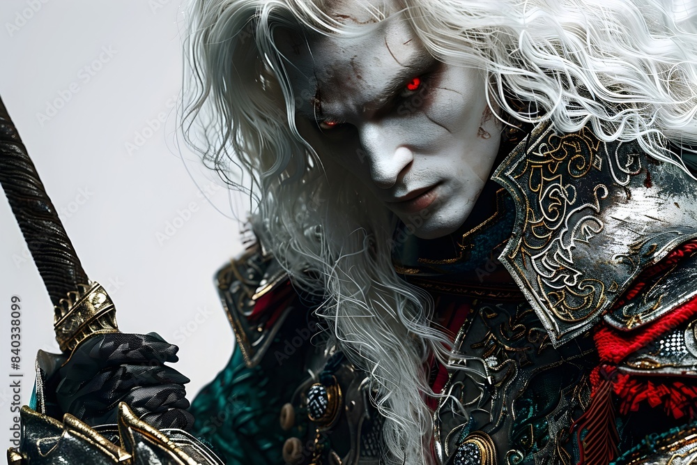 Imposing White-Haired Vampire Nobility in Ornate Battle-Worn Plate ...