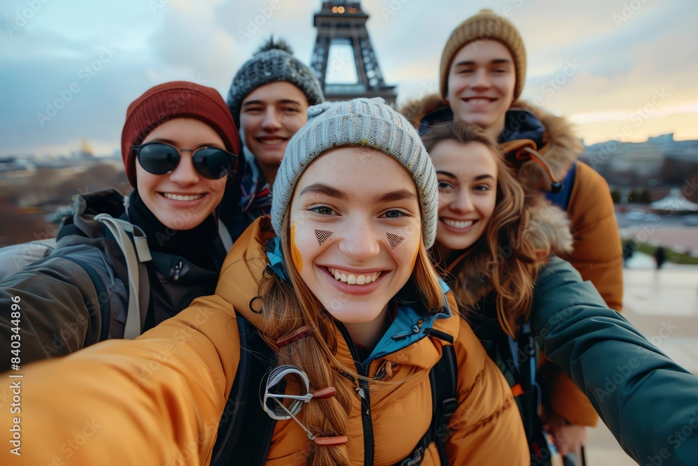 Group selfie at Eiffel Tower, French flag makeup, Olympic 2024 banners ...
