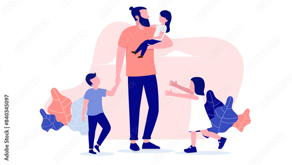 Father alone playing with three children - Dad parent outdoors holding ...