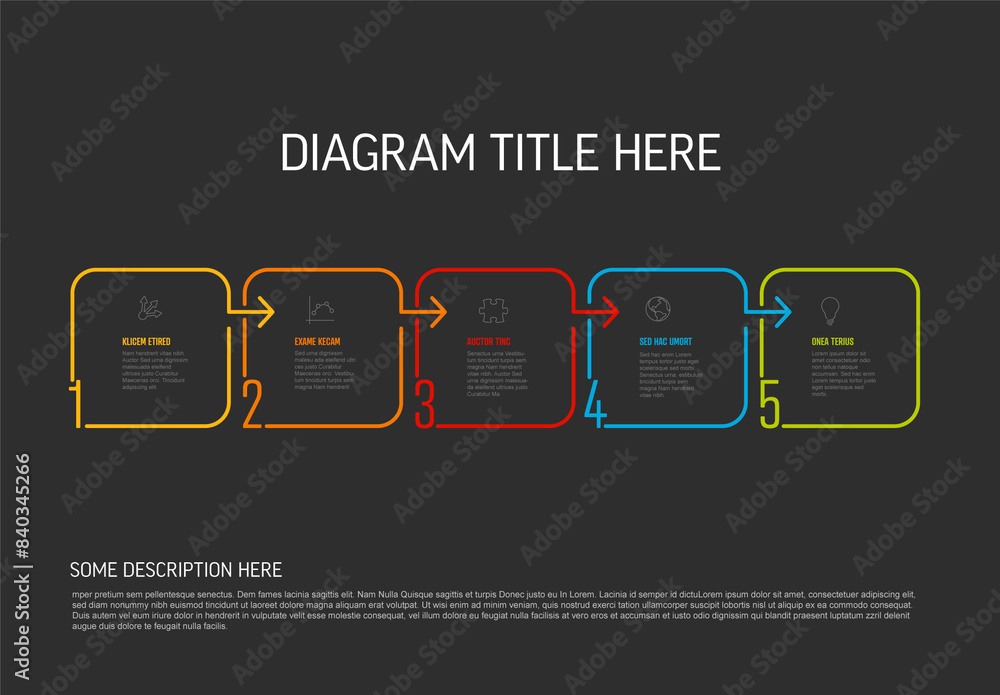 Dark five square steps template with icons big numbers and description ...