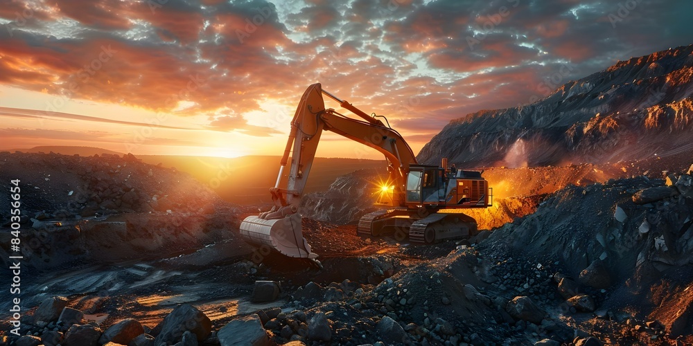 Electric excavator working in openpit mine at sunset futuristic and ...