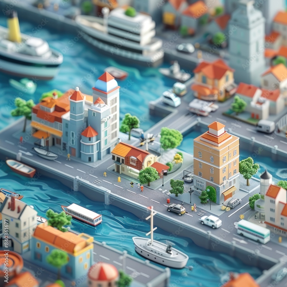 An intricate 3D rendered isometric animation of a coastal city. The ...