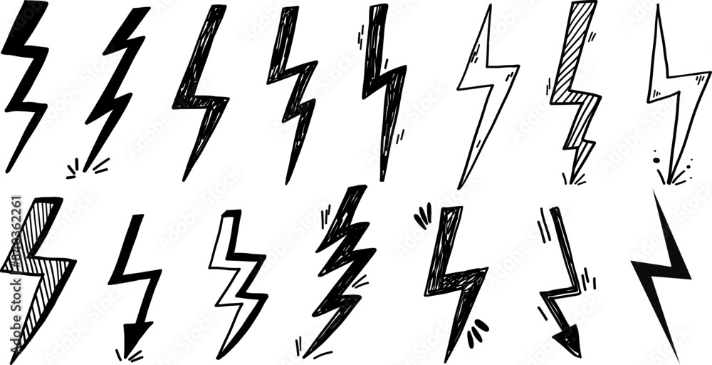 Hand drawn freehand doodle thunderstorm lightning spark voltage ...