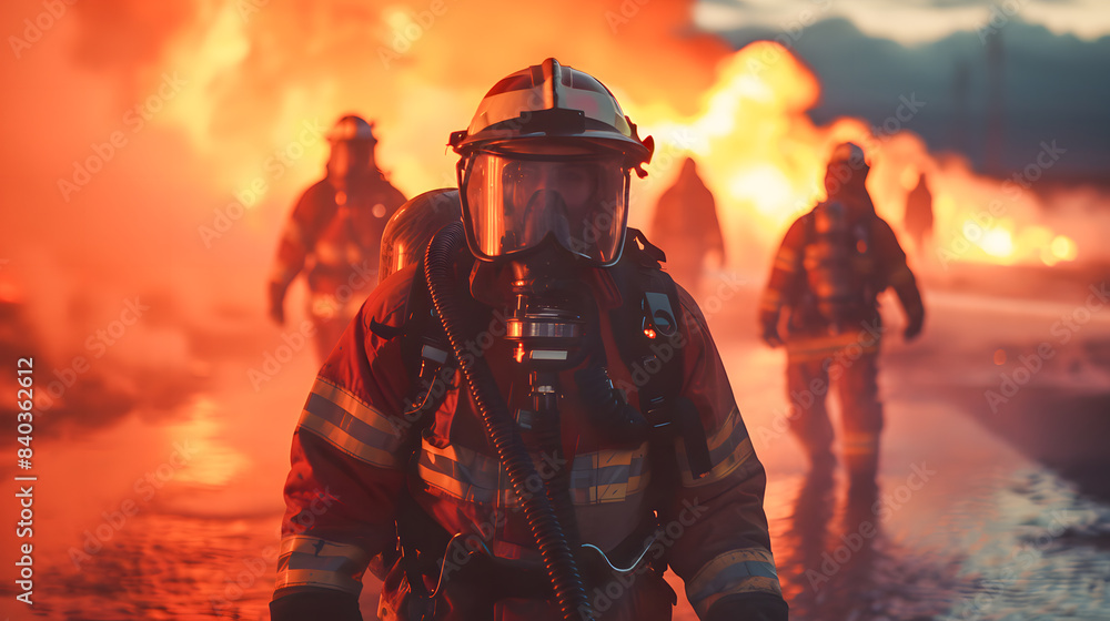 firefighter training, fireman using water and extinguisher to fighting ...
