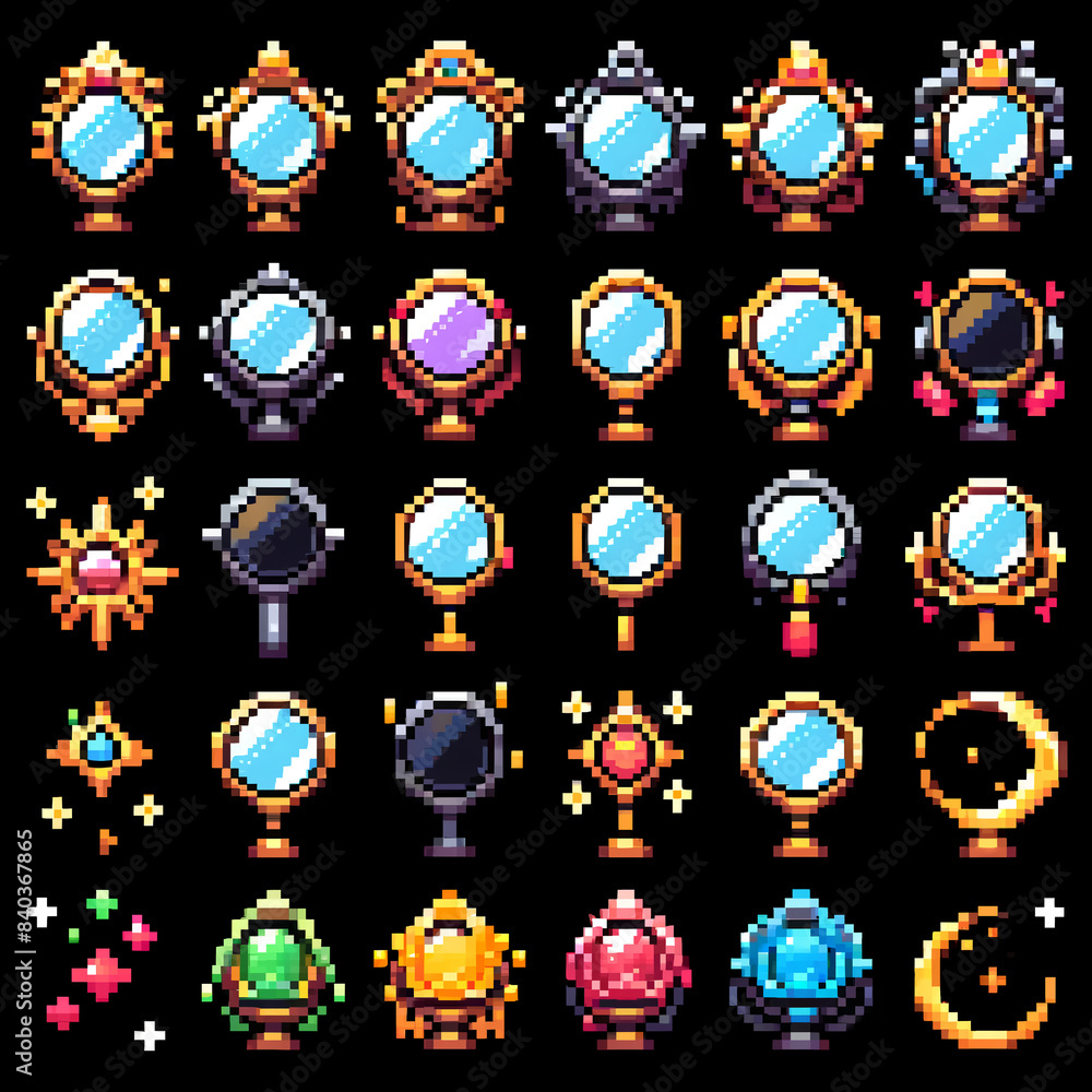 A sprite sheet of pixel art icons for a magic mirror from an RPG game ...
