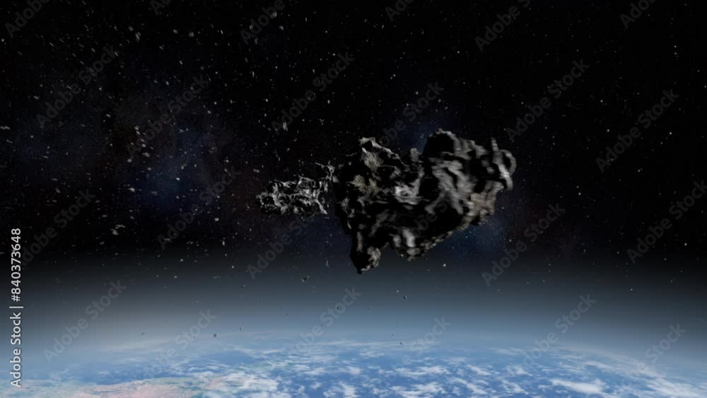 Asteroids meteors collide with each other near Earth's atmosphere. 3d ...