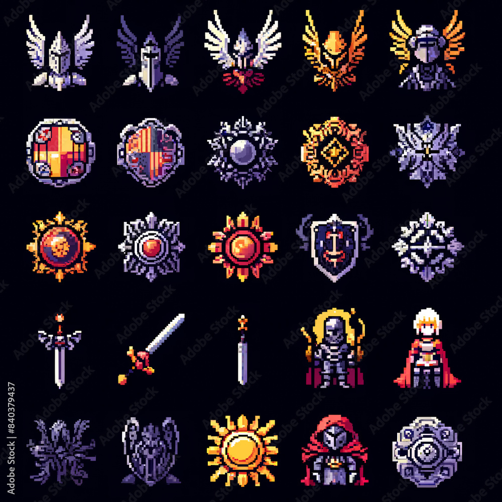 RPG pixel art hero's emblem icons sprite sheet Stock Illustration | Adobe Stock