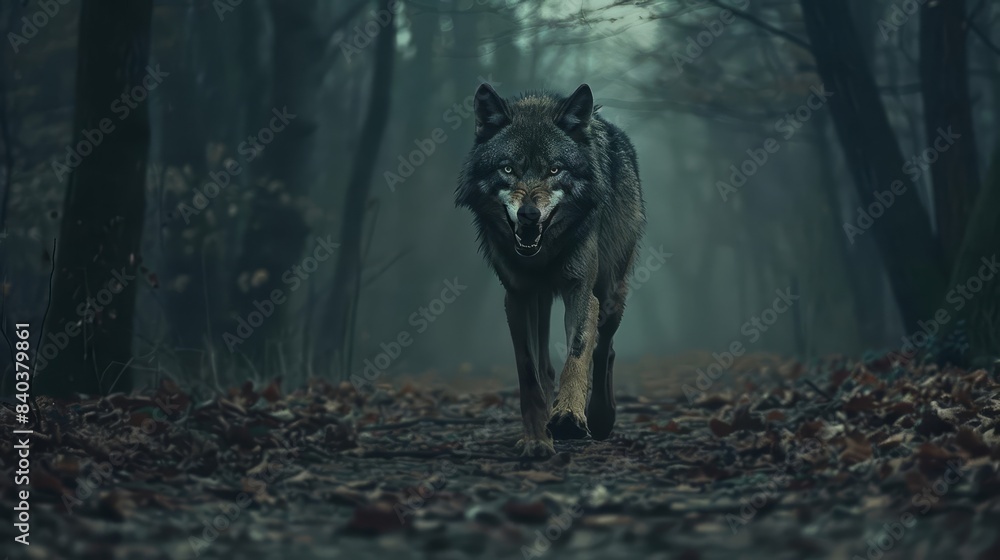 lone wolf angry predator snarling in dark forest path wildlife ...