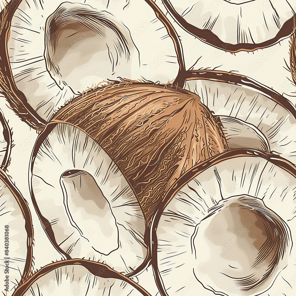 A line drawing of a coconut, halved to reveal the fibrous outer shell ...