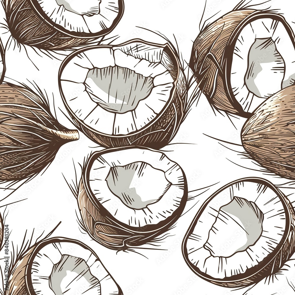 A line drawing of a coconut, halved to reveal the fibrous outer shell ...