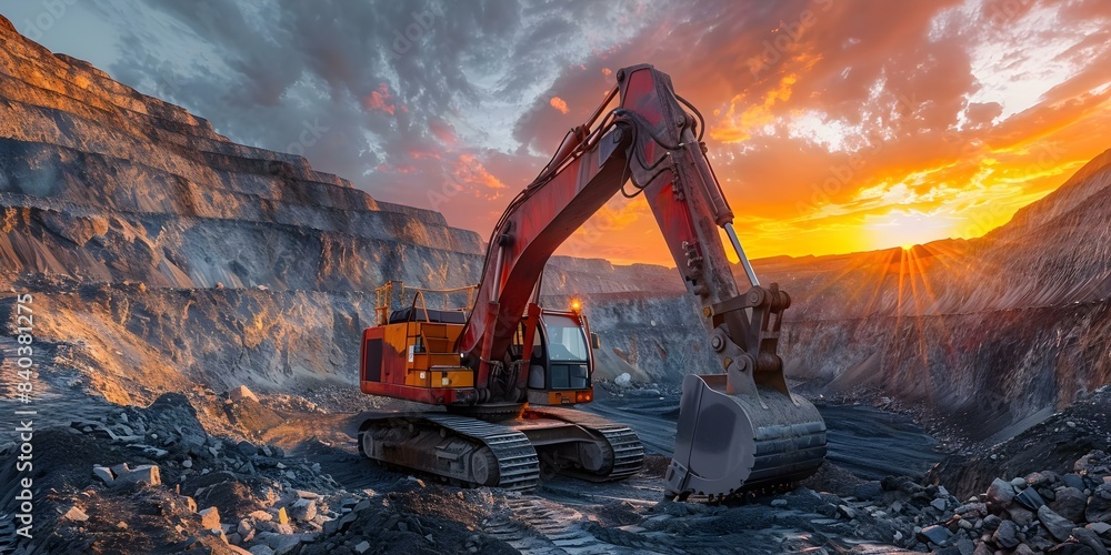 Large electric excavator in openpit mine at sunset used for earthmoving ...