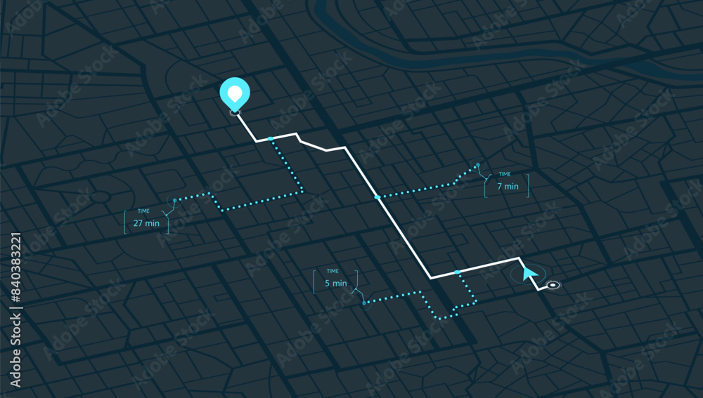 City map with route from one point to marked by white line. Route and ...
