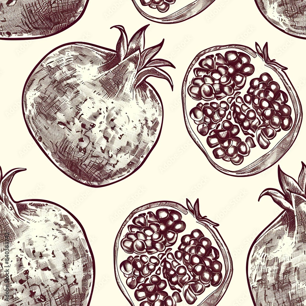 An artistic line drawing of a pomegranate, cut open to reveal the ...