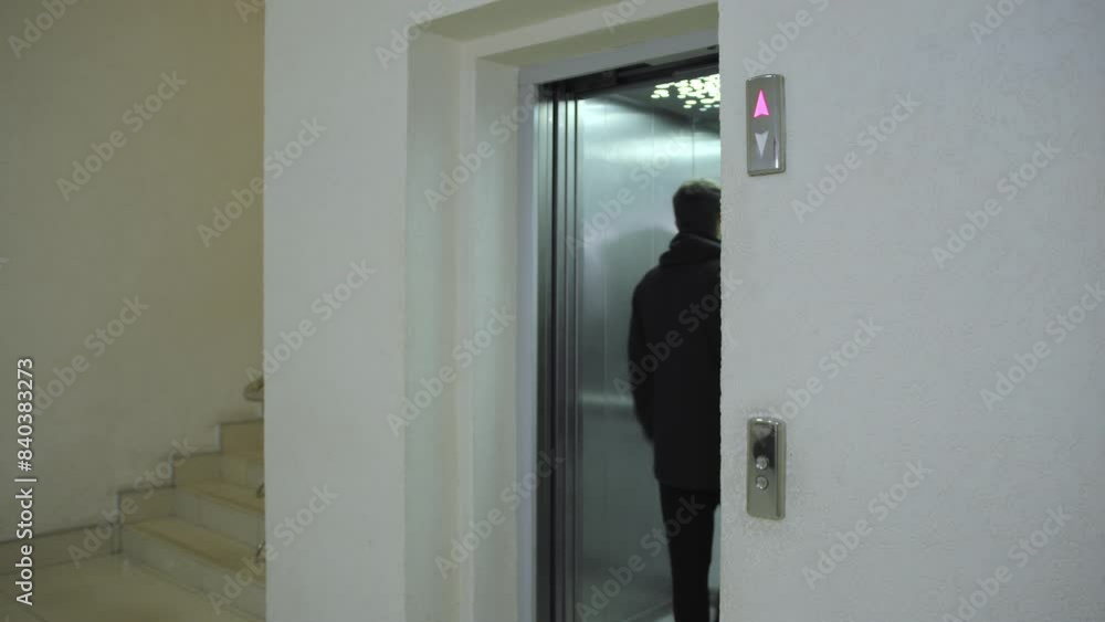 Rear side view indoors building of young man in black tracksuit ...