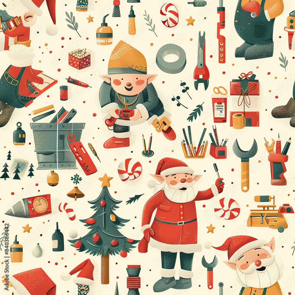 Santa Claus and an elf fixing a broken toy in their workshop ...