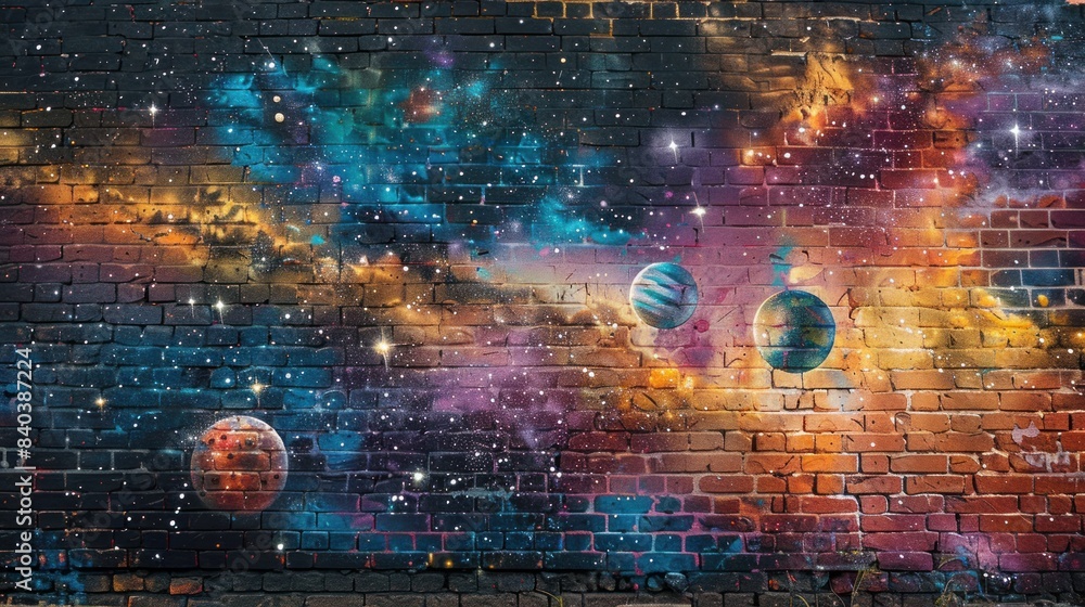 Brick wall with images of cosmic space painted in graffiti style. Stock ...