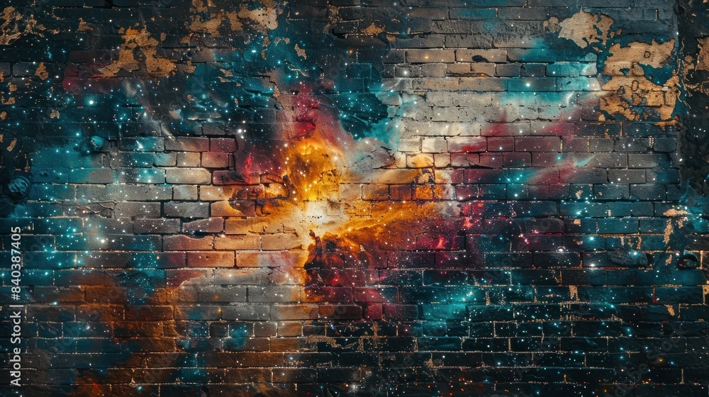 Brick wall with images of cosmic space painted in graffiti style. Stock ...