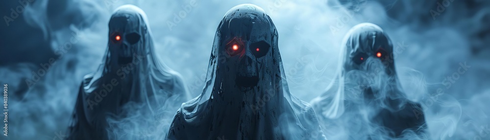 Dark eerie scene featuring three glowing-eyed ghostly figures shrouded in mist, evoking a sense ...