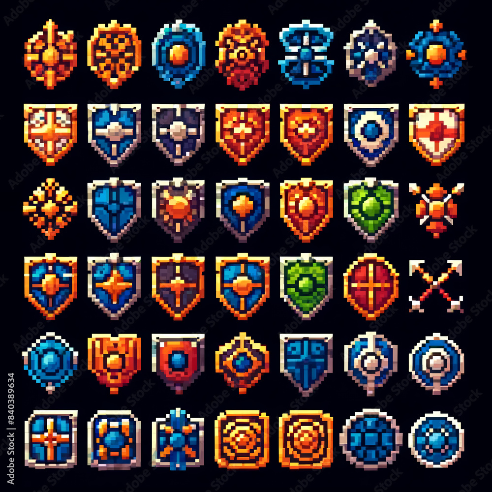 RPG pixel art ancient shield icons sprite sheet Ілюстрація Stock ...