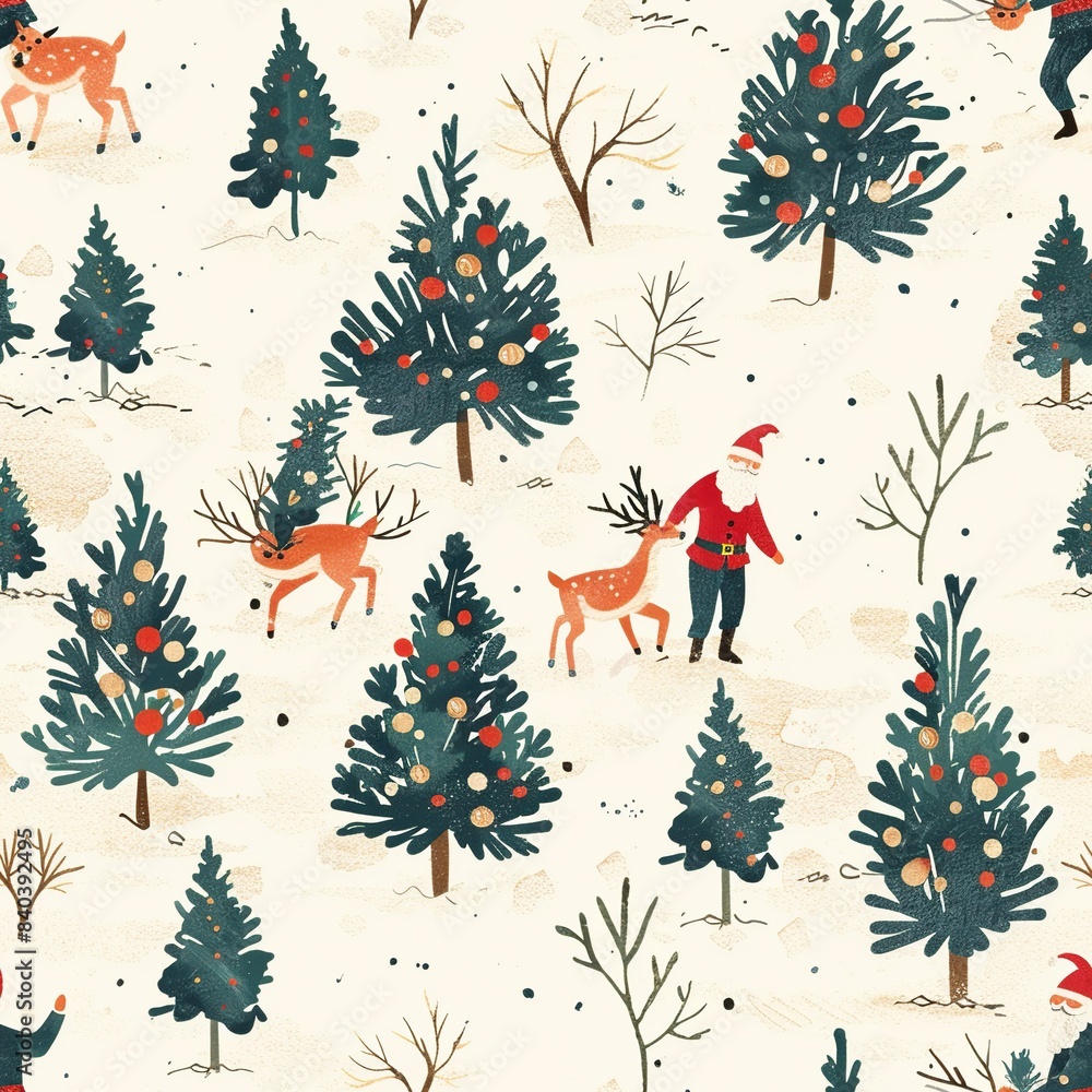 Santa Claus and Mrs. Claus picking out a Christmas tree in a snowy ...