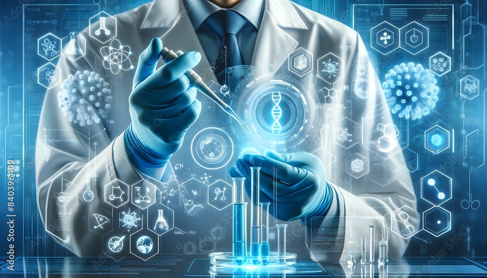 Scientist conducting research with futuristic holographic interface and ...