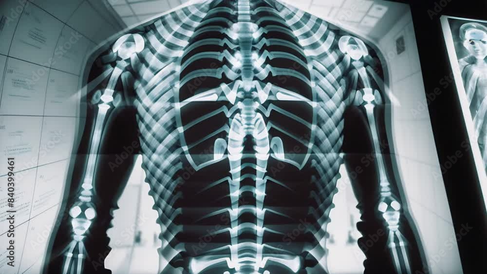 X-ray of a human body revealing skeletal and internal organ details ...