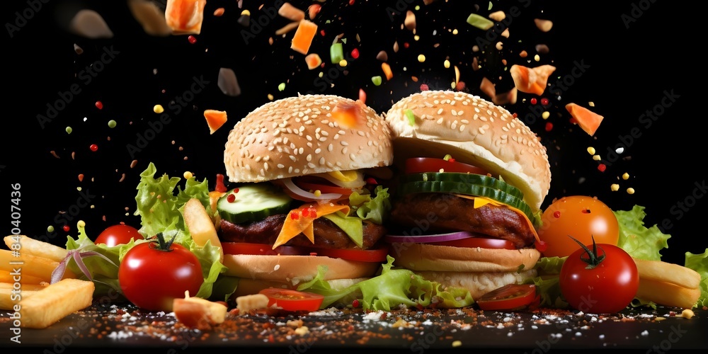 Burger ingredients cascading on black backdrop with confetti and ...