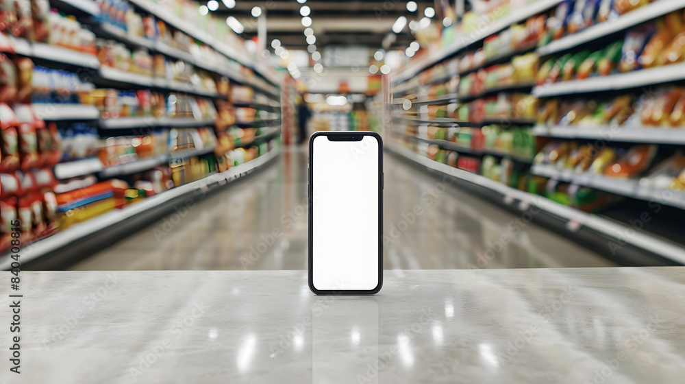 smartphone with white screen in grocery store isolated on white ...