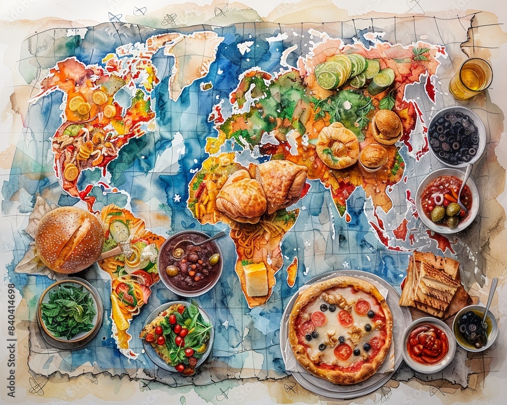 World food map with famous street foods, Watercolor, Bright pastels ...