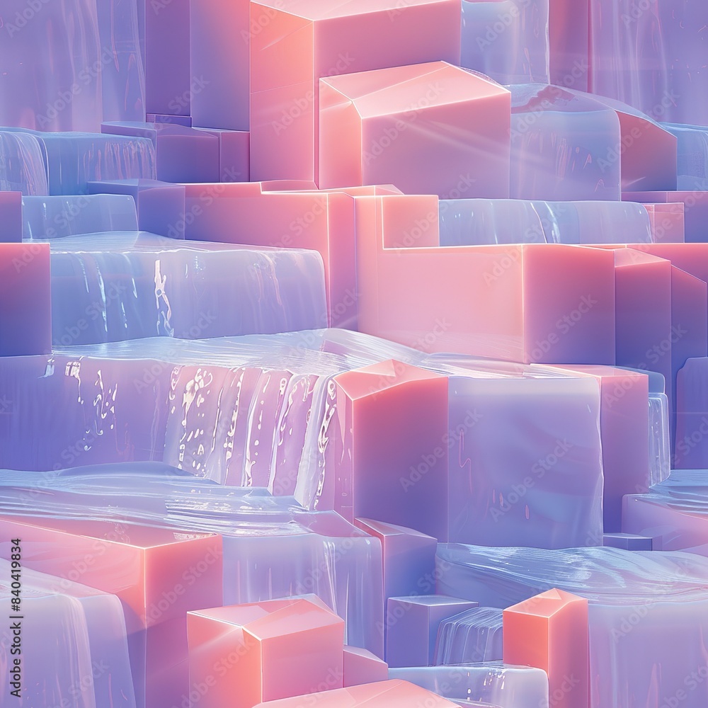 A digital painting of a 3D geometric waterfall, with water made of ...