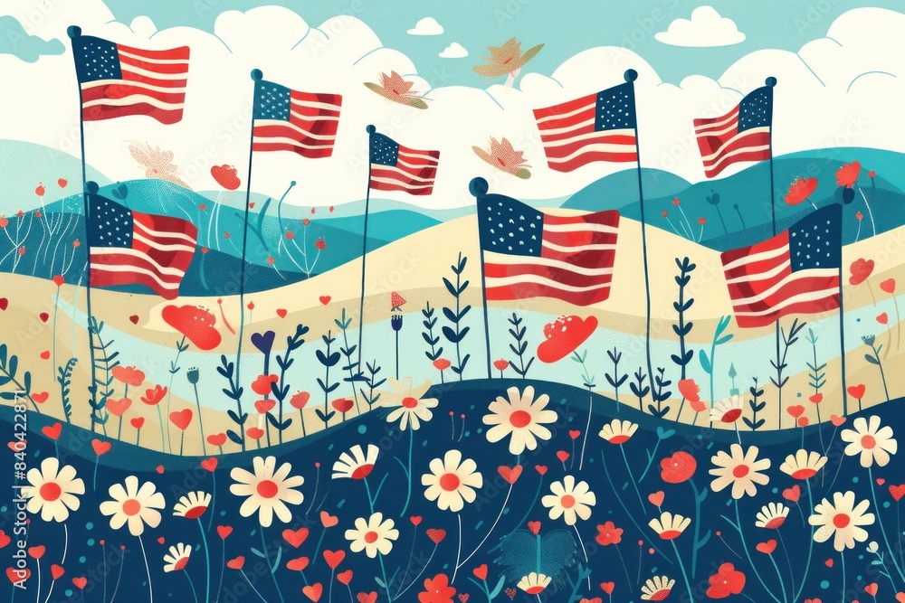 Multiple American flags fluttering over a colorful floral field under a ...