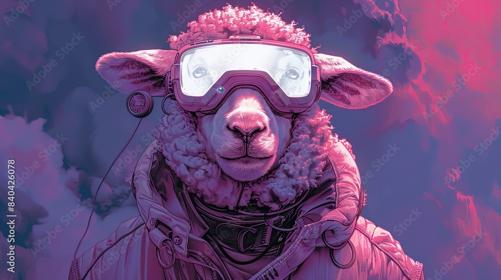 a cyberpunk inspired illustration of a futuristic sheep wearing sleek ...