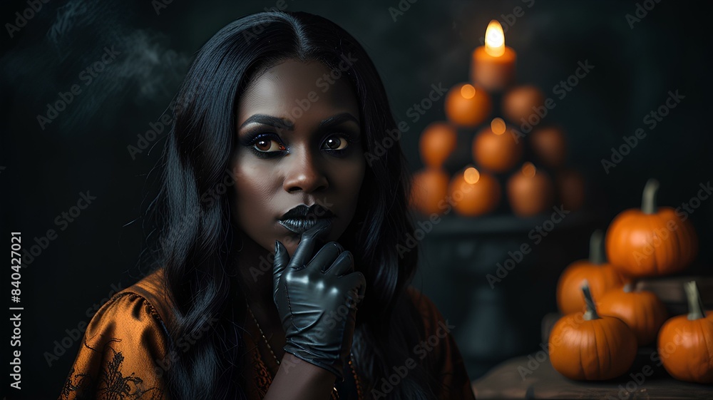 Raven minion is whispering to a dark beautiful witch woman on smoky ...