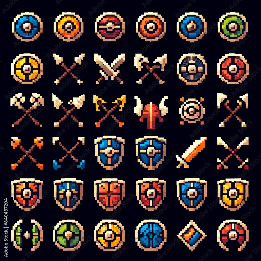 Pixel Art Ancient Shields for RPG Games Stock Illustration | Adobe Stock